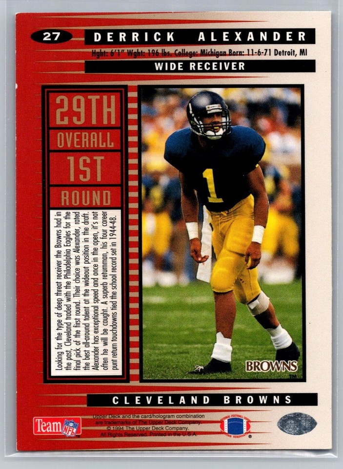 1994 Upper Deck ROOKIE CLASS Card # 27 Derrick Alexander - Cleveland ...