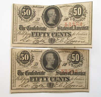 Lot of 2 1863 Confederate States of America 50 Cent Notes Consecutive ...