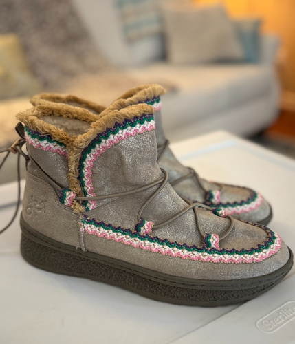NEW OTBT Terreno Metallic Moon Boots 7.5 Grey Winter Leather Shearling ...