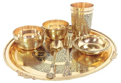 Premium Brass Dinner Thali Set Golden Serving Plate Bowls Glass & Spoon ...