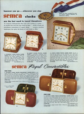 1955 PAPER AD 4 PG COLOR Semca Travel Clock Alarm Wall 15 Jewel Phinney ...