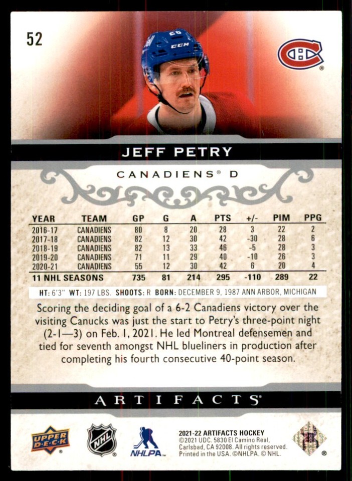 2021-22 Upper Deck Artifacts. Jeff Petry A Hockey Cards #52 | eBay