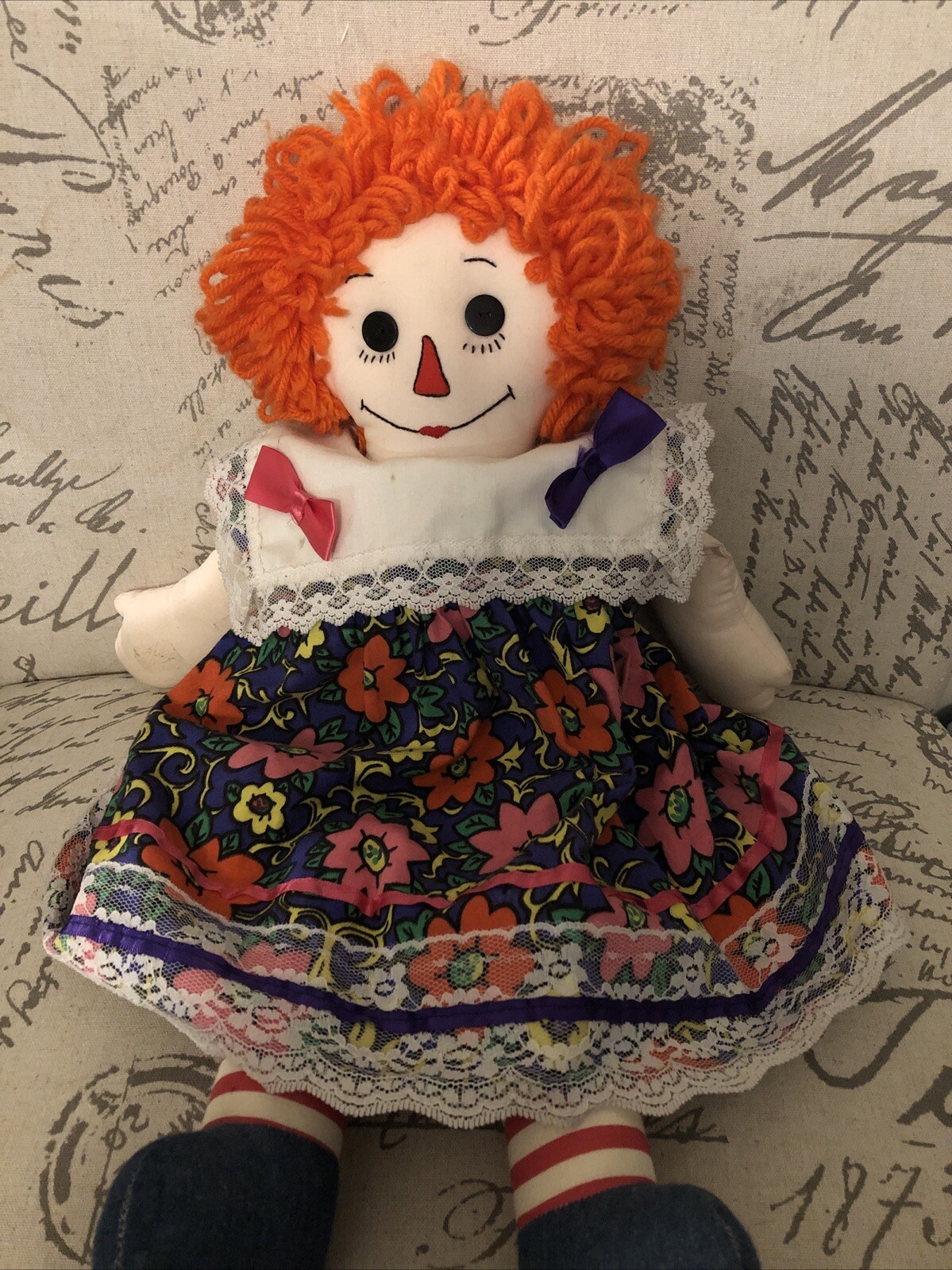 Vintage Handmade Raggedy Ann 20” Doll Embroidered Face Orange Hair | eBay