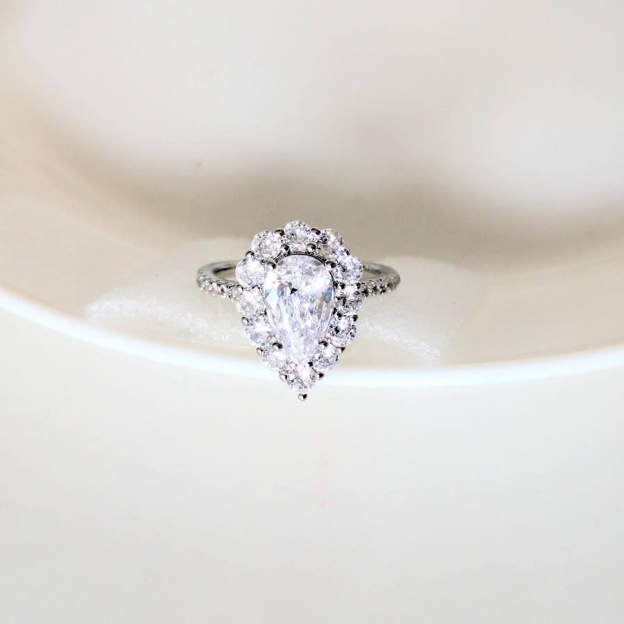 QVC Diamonique Epiphany Platinum Clad Pear Cut Chunky Halo Ring - Size ...