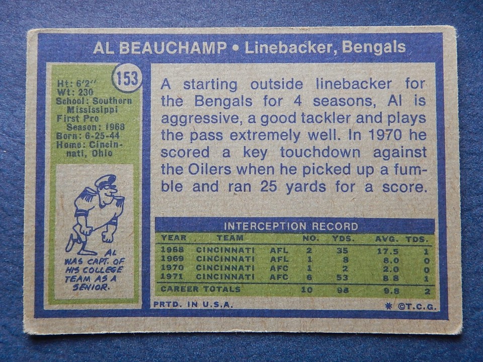 Al Beauchamp #153 Topps 1972 Football Card (Cincinnati Bengals) *VG | eBay