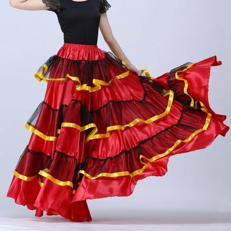 Women Ballroom Layered Ruffle Dance Skirt Swing Spanish Flamenco ...