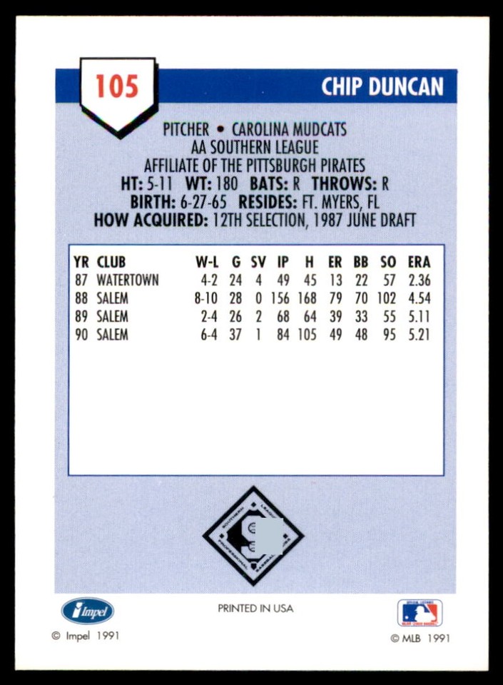 1991 Line Drive AA #105 Chip Duncan Carolina Mudcats | eBay