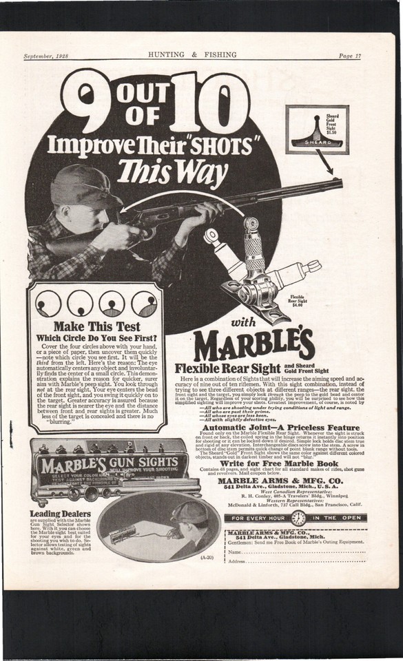 1928 Marbles Gun Sights Old Print AD Stevens Shotgun Advertising ...