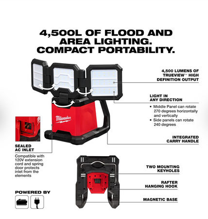 MILWAUKEE M18 ROVER Dual Power Triple-Panel Flood & Area Light 2368-20 ...