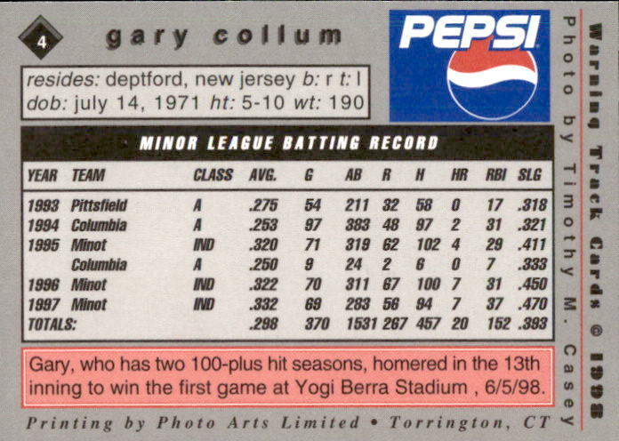 1998 New Jersey Jackals Warning Track #4 Gary Collum Deptford New ...