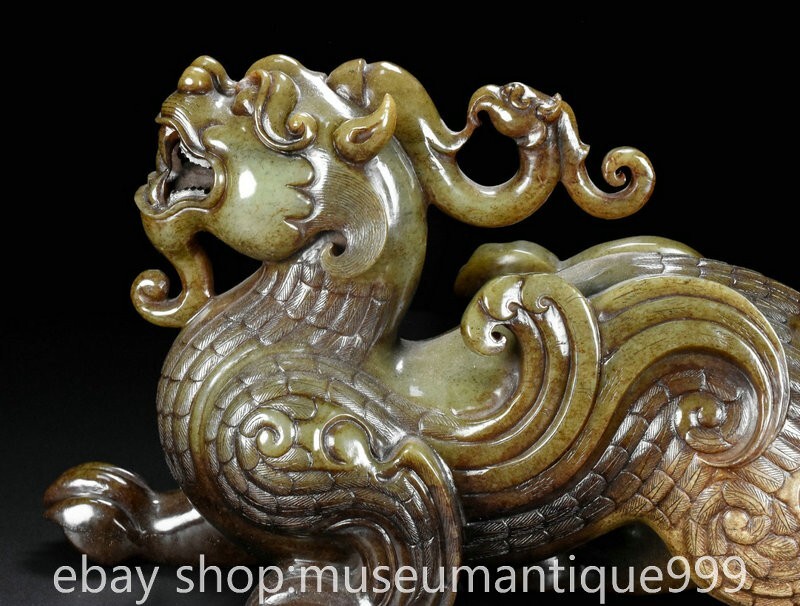 11.2" Chinese Hetian Nephrite Jade Carving Dragon pixiu Beast Statue ...