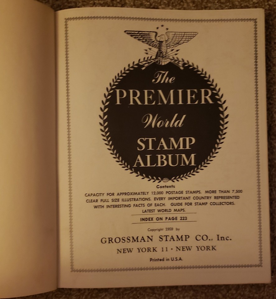 1959 Premier World Stamp Album Grossman w several dozen very old stamps ...