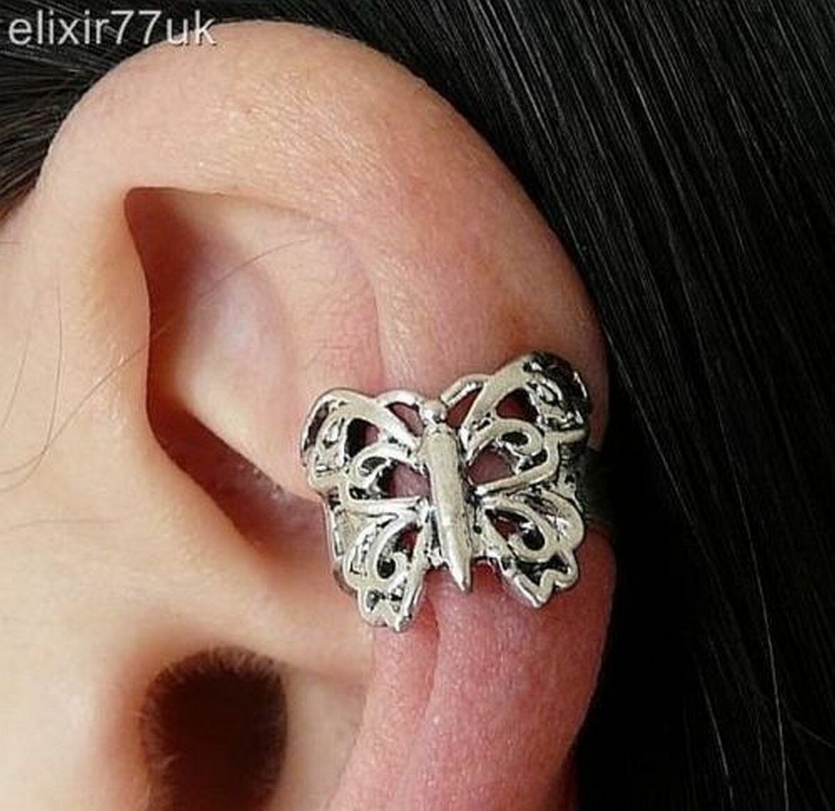 ANTIQUE SILVER BUTTERFLY EAR CUFF WRAP CARTILAGE EARRING RETRO EMO PUNK ...
