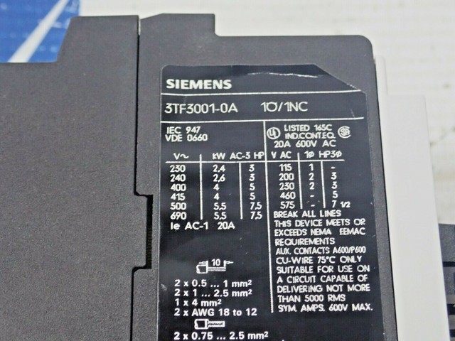 Siemens 3tf30 01-0a 3hp Motor Starter Air Break Contactor 120vac Coil ...