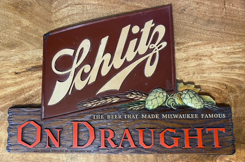 VINTAGE SCHLITZ ON DRAUGHT BEER SIGN MILWAUKEE FAMOUS BAR TAVERN MAN ...