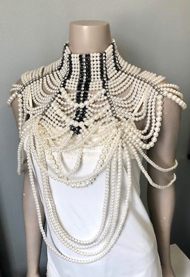 Rhinestone pearl shoulder chain ivory bead body jewelry cream silver ...