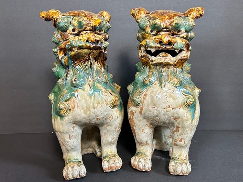 Antique Glazed Japanese 15" H Terracotta Sanchai Foo Dogs-Pair | eBay