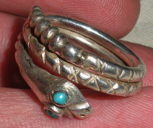 VINTAGE NAVAJO COILED SNAKE TURQUOISE STERLING SILVER RING SIZE 9 vafo ...