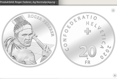 *SWITZERLAND 20 CHF FRANC SILVER COIN 2020 UNC ROGER FEDERER GIFT RARE ...