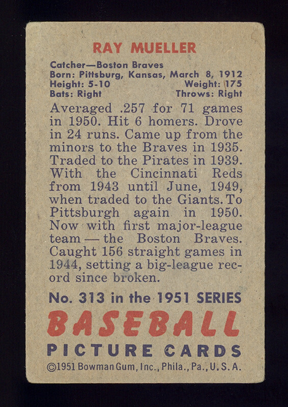 1951 BOWMAN BASEBALL CARD #313 RAY MUELLER AUTOGRAPHED HQ SIGNED BOSTON ...