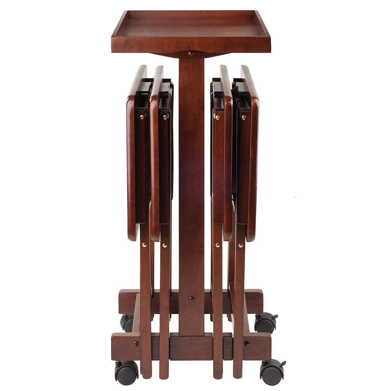 Walnut Finish 5 pc Wooden Tray Table Set Folding Portable Snack Stand ...