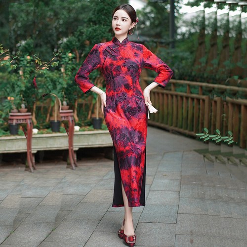 Women Autumn Flocking Qipao Dress Chinese National Long Cheongsam ...