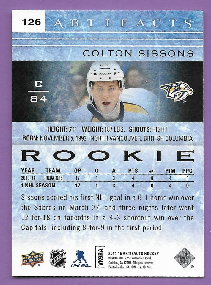 COLTON SISSONS 2014-15 ARTIFACTS RUBY RED SP ROOKIE RC #126 #'D 056/499 ...