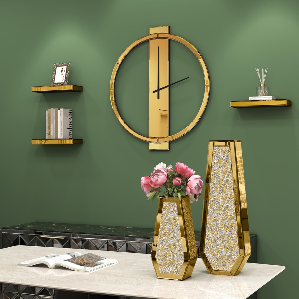 Mirrored Wall Clock, 23.6" Large Gold Clock for Living Room, Decorative ...