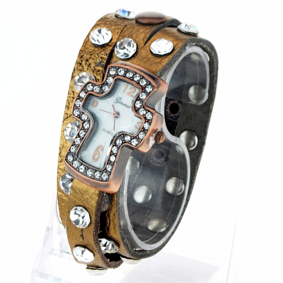 Geneva Leather Bracelet Cross Shape Watch with Large Rhinestones | eBay
