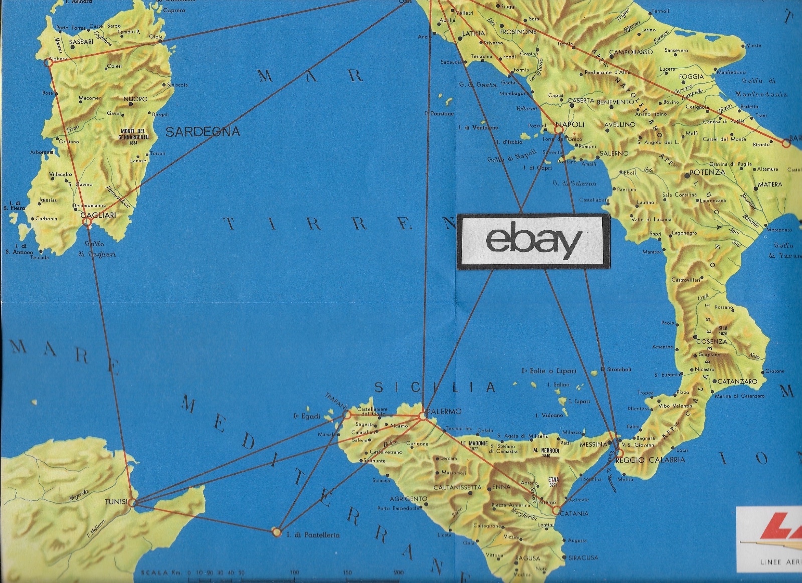 LAI LINEE AEREE ITALIANE ITALY ROUTE MAP DC-6 1950'S SICILIA-SARDEGNA ...