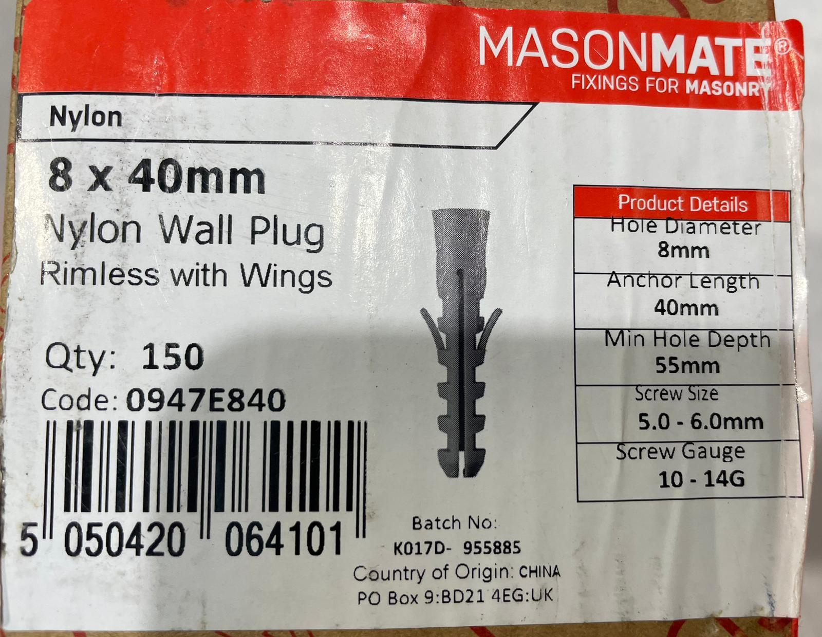 MASONMATE M8 x 40 NP08 NYLON WALL PLUGS RIMLESS 8 mm | eBay