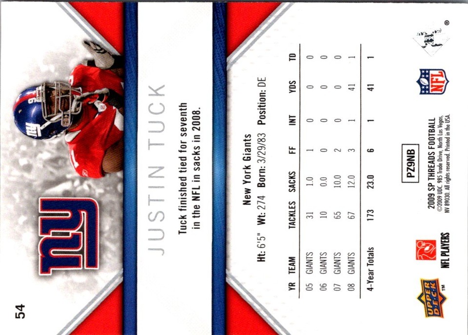 2009 SP Threads Justin Tuck #54 New York Giants Football Card | eBay