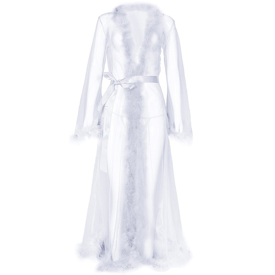 Feather Nightgown Transparent Robe Tulle Lady Sexy Lingerie Nightgown ...