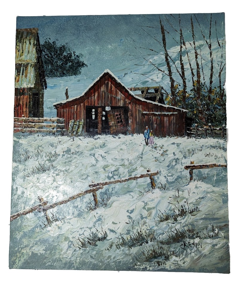 David Crespi (1928-1992) Vintage Oil On Canvas " Winter Farm" Landscape ...