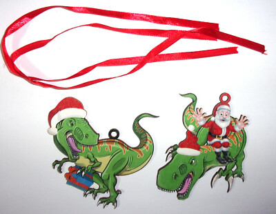 2 wood 4" Christmas ornament gift tag Santa riding T-Rex & dinosaur ...