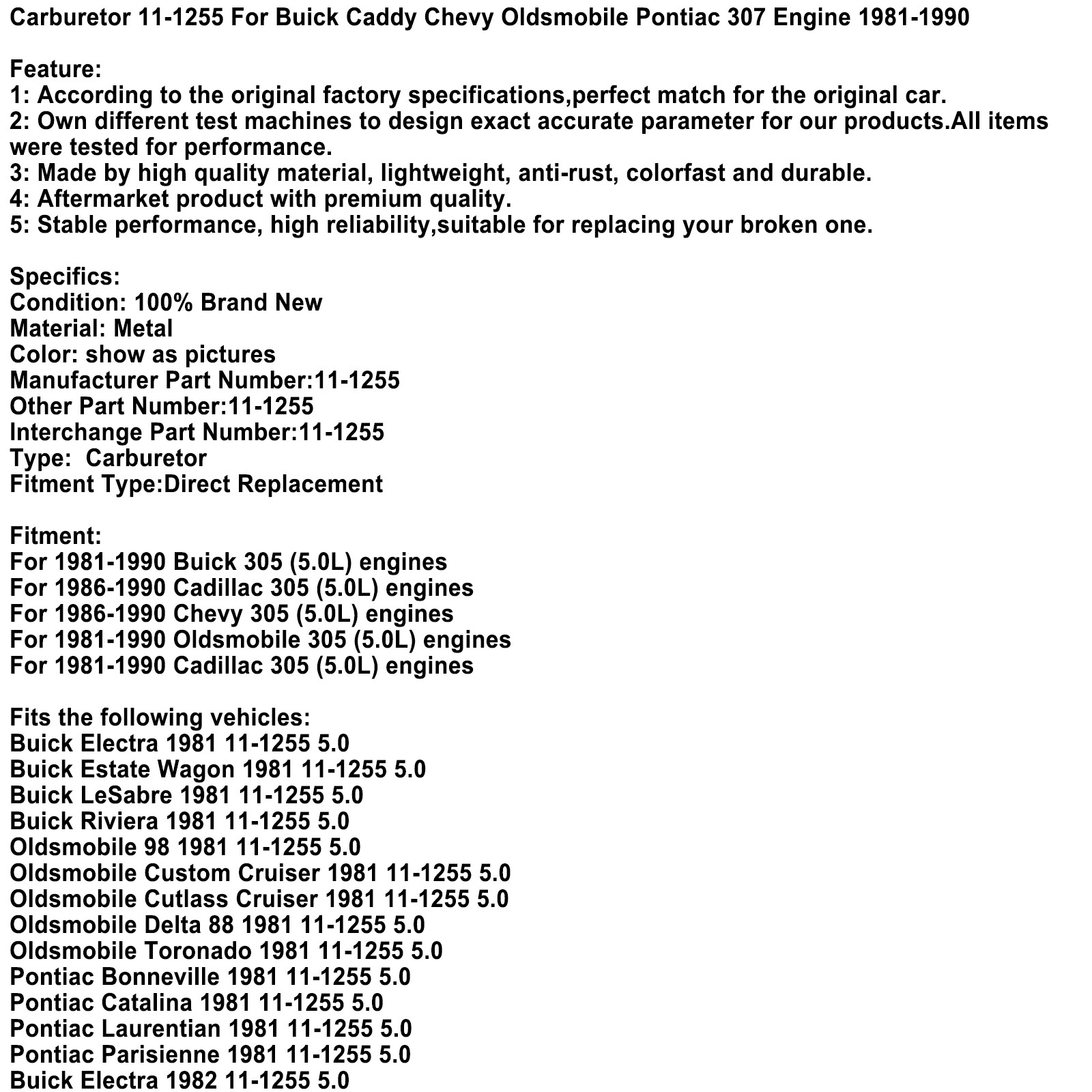 Carburetor 11-1255 For Buick Caddy Chevy Oldsmobile Pontiac 307 Engine ...