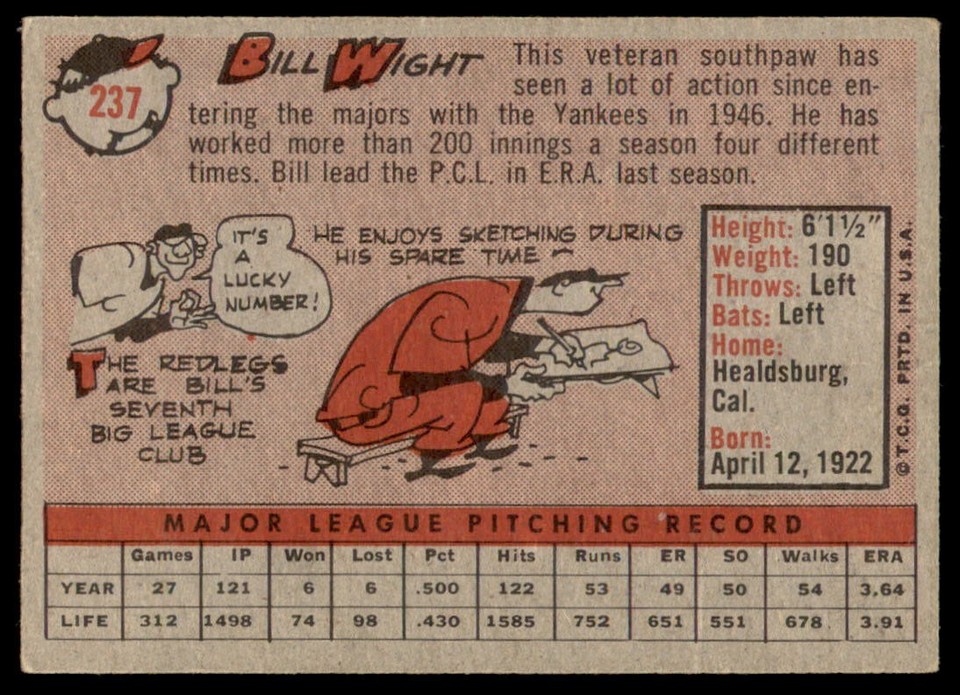 1958 Topps #237 BILL WIGHT Cincinnati Redlegs VG/Ex (Line BR Edge) | eBay