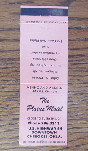 CHEROKEE, OKLAHOMA MATCHBOOK COVER: PLAINS MOTEL EMPTY 1970s MATCHCOVER ...