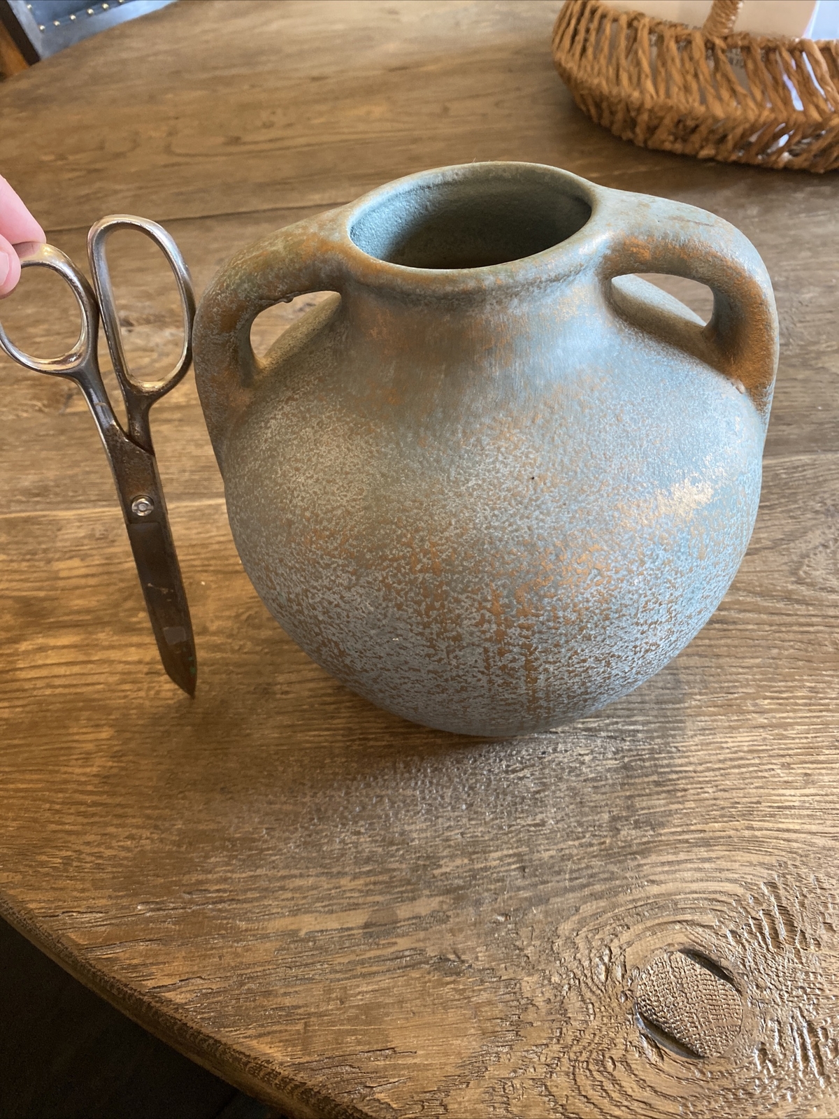 Harris Pottery of Chicago, IL Two-Handled Jug Turquoise/Copper w/ Label ...