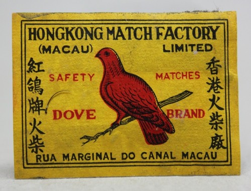 Antique MATCHBOX LABEL DOVE BRAND Safety Matches CHINA MACAU HongKong ...