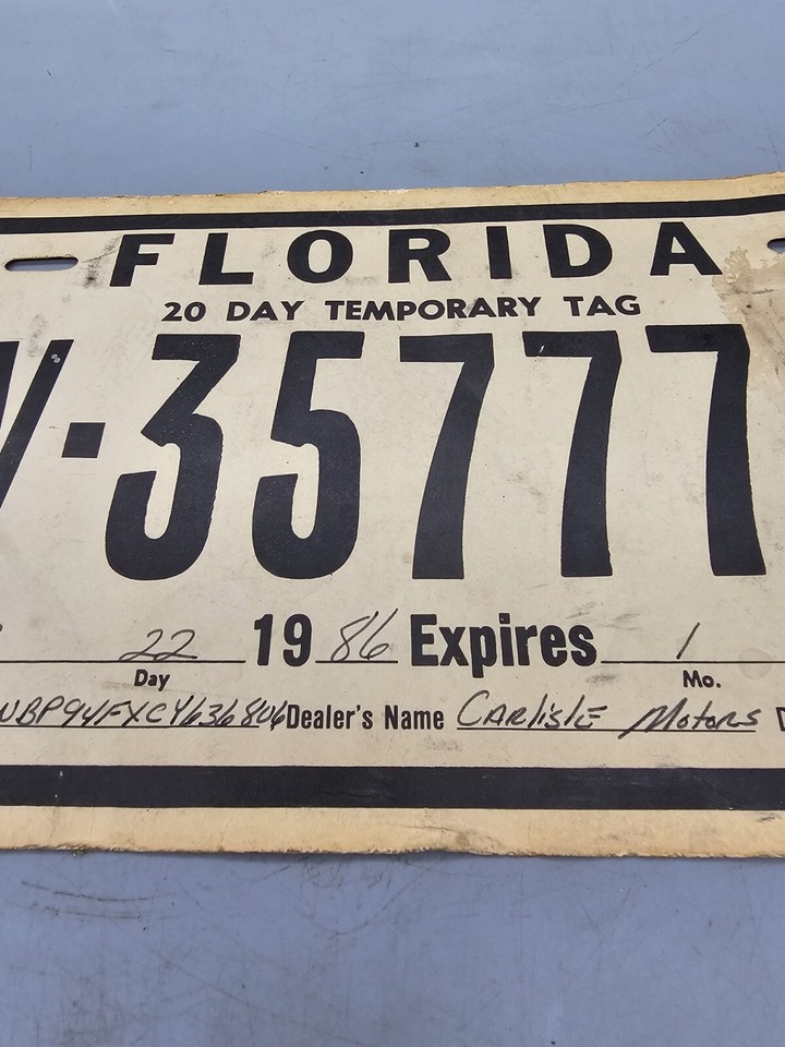 Florida Temporary License Tag Plate 1986 Carlisle Motors V-357774 | eBay