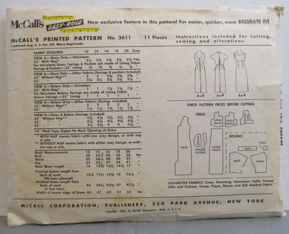 McCall's Pattern 3611 Misses Dress & Bolero Size 14 Bust 32" Cut ...