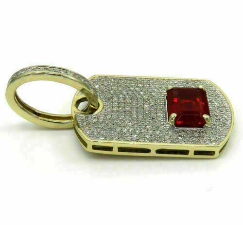 1.94ct Emerald Cut Ruby & Simulated Diamond Dog Tag Charm Pendant 925 ...