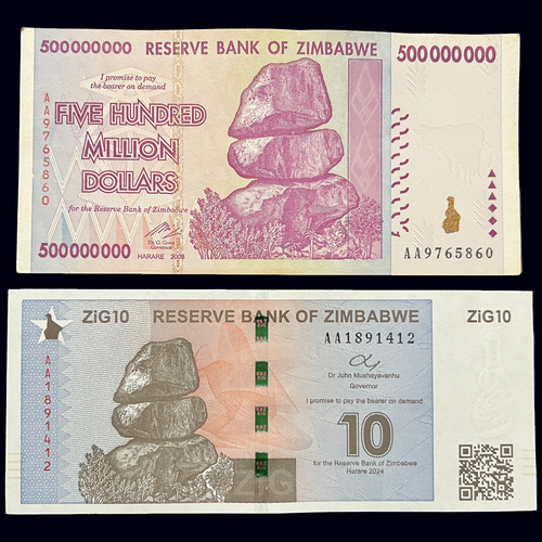 Zimbabwe $10 Zig 2024 Gold Backed UNC Banknote & 2008 500 Million ...