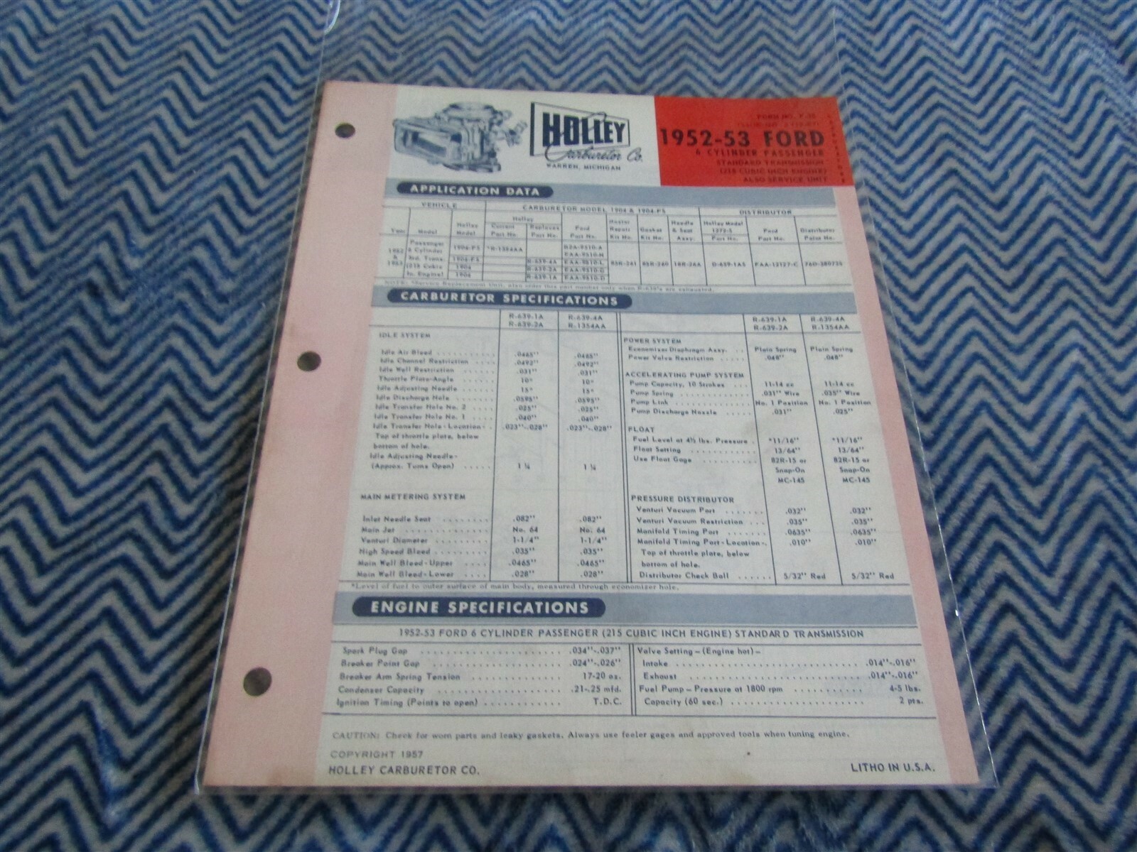 HOLLEY CARBURETOR DATA SPEC CHART 1952-53 FORD 215 CID 6-CYL PASSENGER ...