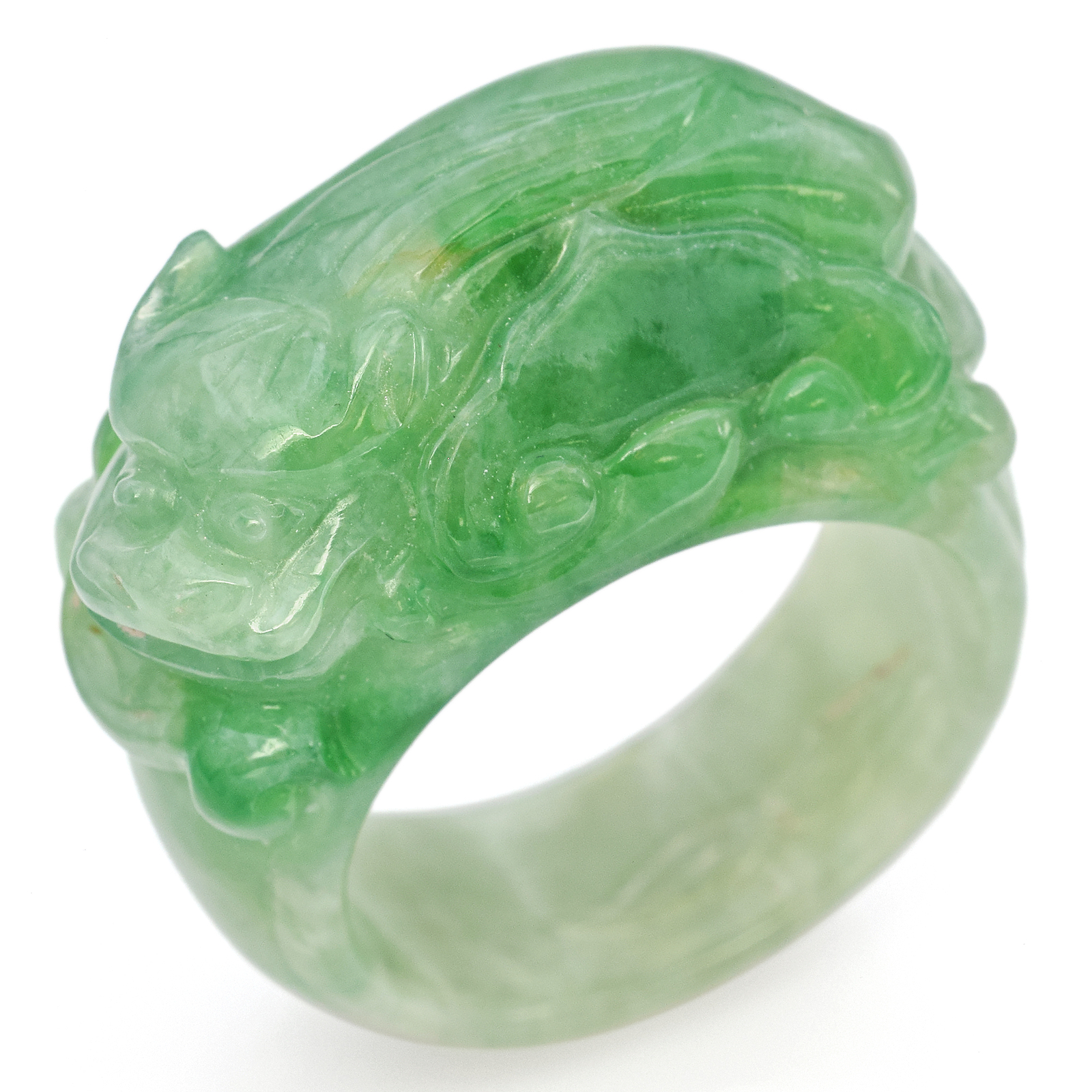 Grade A Translucent Green Jade Carved Saddle Band Rin… - Gem