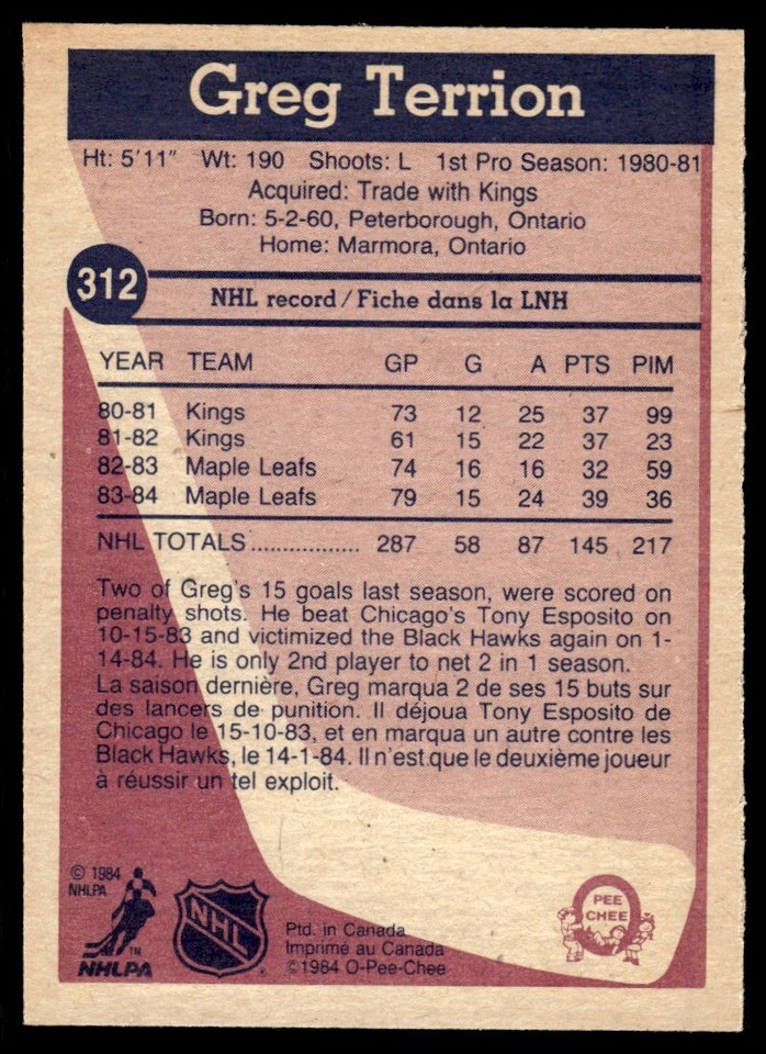 1984-85 O-Pee-Chee Greg Terrion Toronto Maple Leafs #312 | eBay
