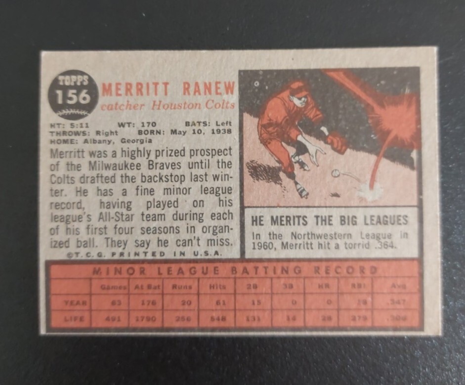 1962 MERRITT RANEW TOPPS ROOKIE BASEBALL CARD #156 VG-EX | eBay