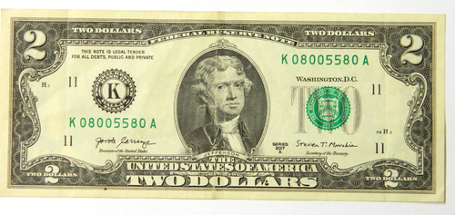 US 2 DOLLAR BILL CIRCULATED - TRINARY BOOKENDS - FANCY NUMBER (08005580 ...