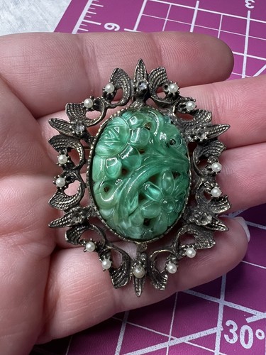 Vintage Oval Faux Jade Flower Brooch/Pendant w/Faux Pearls Victorian ...